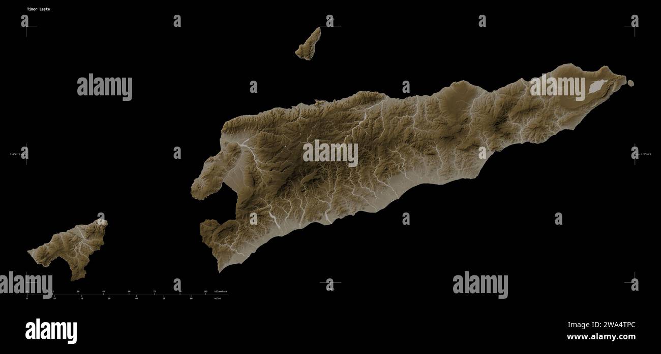 Shape of a elevation map colored in sepia tones with lakes and rivers of the Timor Leste, with ...