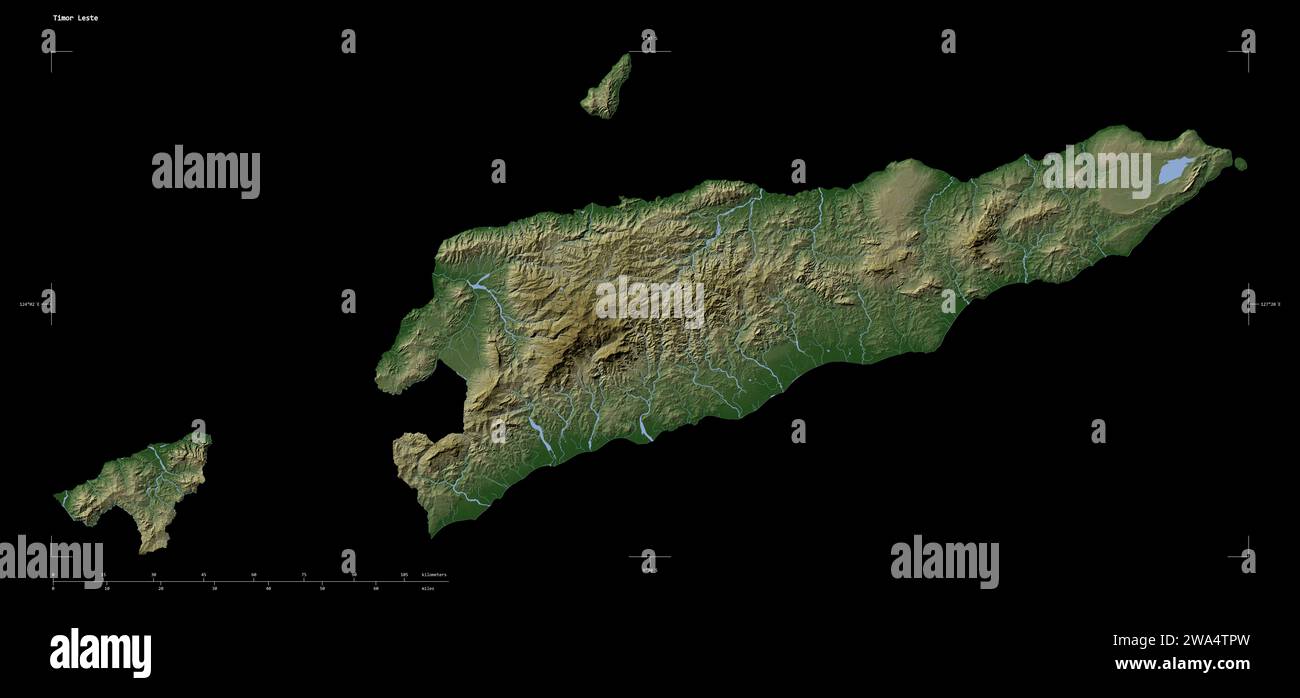Shape of a Pale colored elevation map with lakes and rivers of the Timor Leste, with distance ...