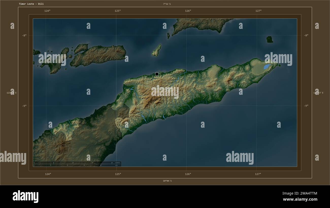 Timor Leste highlighted on a Colored elevation map with lakes and rivers map with the country's ...