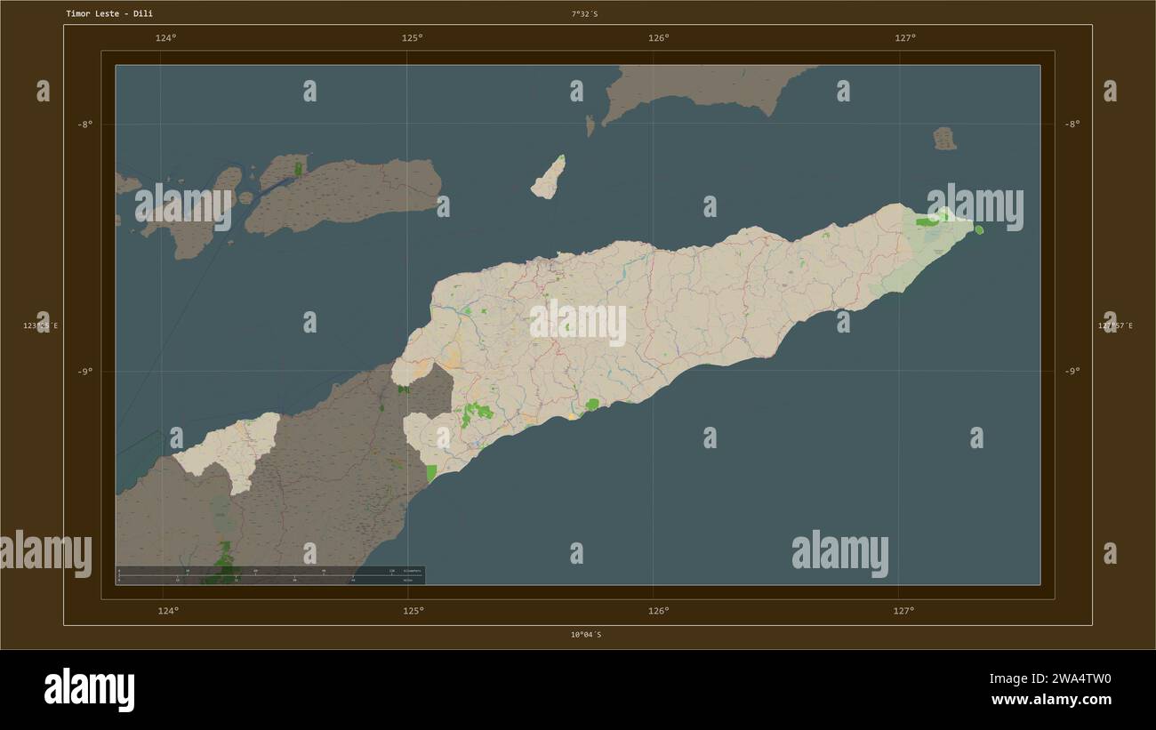 Timor Leste highlighted on a topographic, OSM France style map map with ...