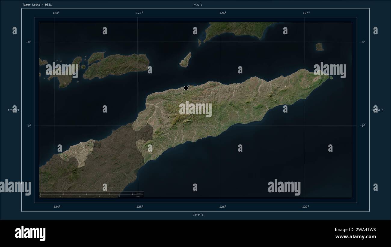 Timor Leste highlighted on a high resolution satellite map map with the country's capital point ...