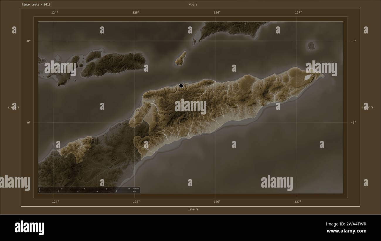 Timor Leste highlighted on a elevation map colored in sepia tones with lakes and rivers map with ...