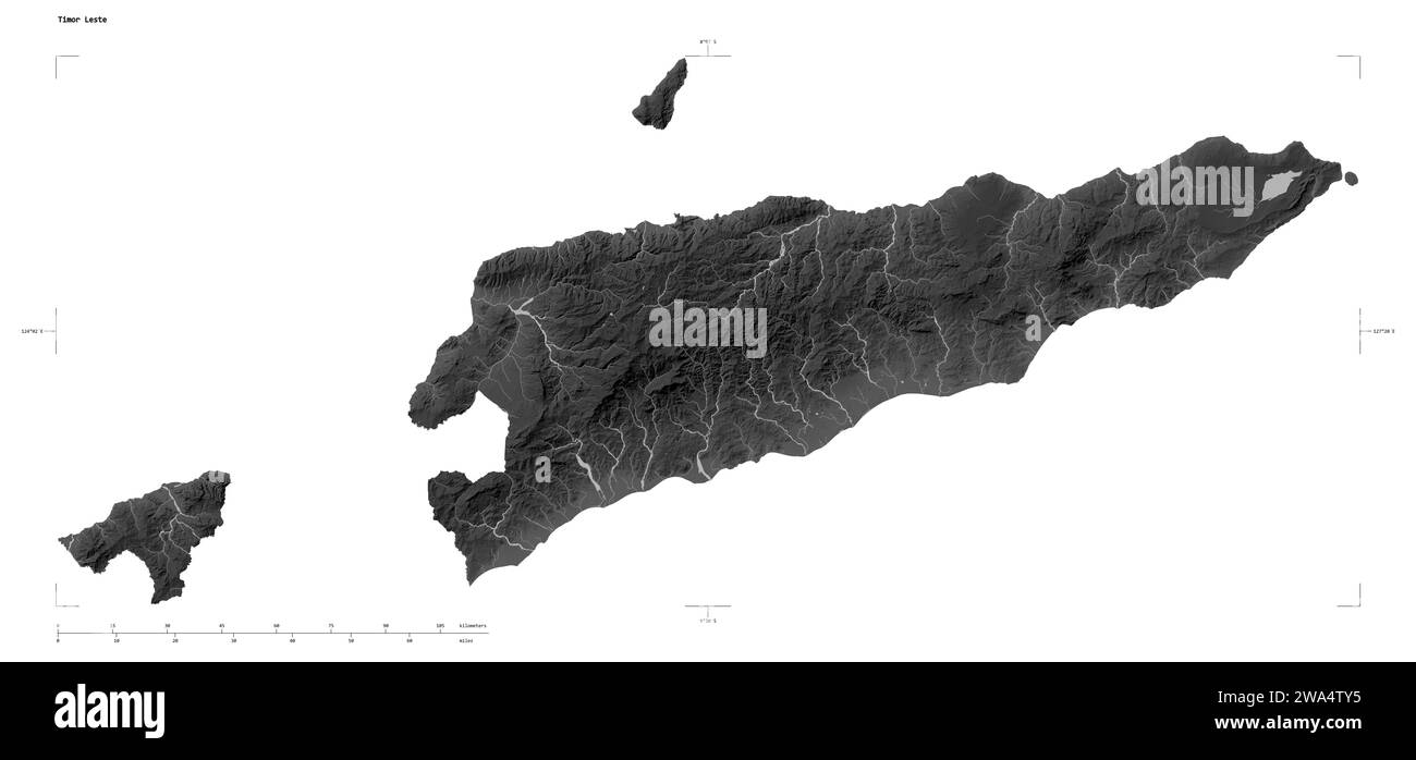 Shape of a Grayscale elevation map with lakes and rivers of the Timor Leste, with distance scale ...