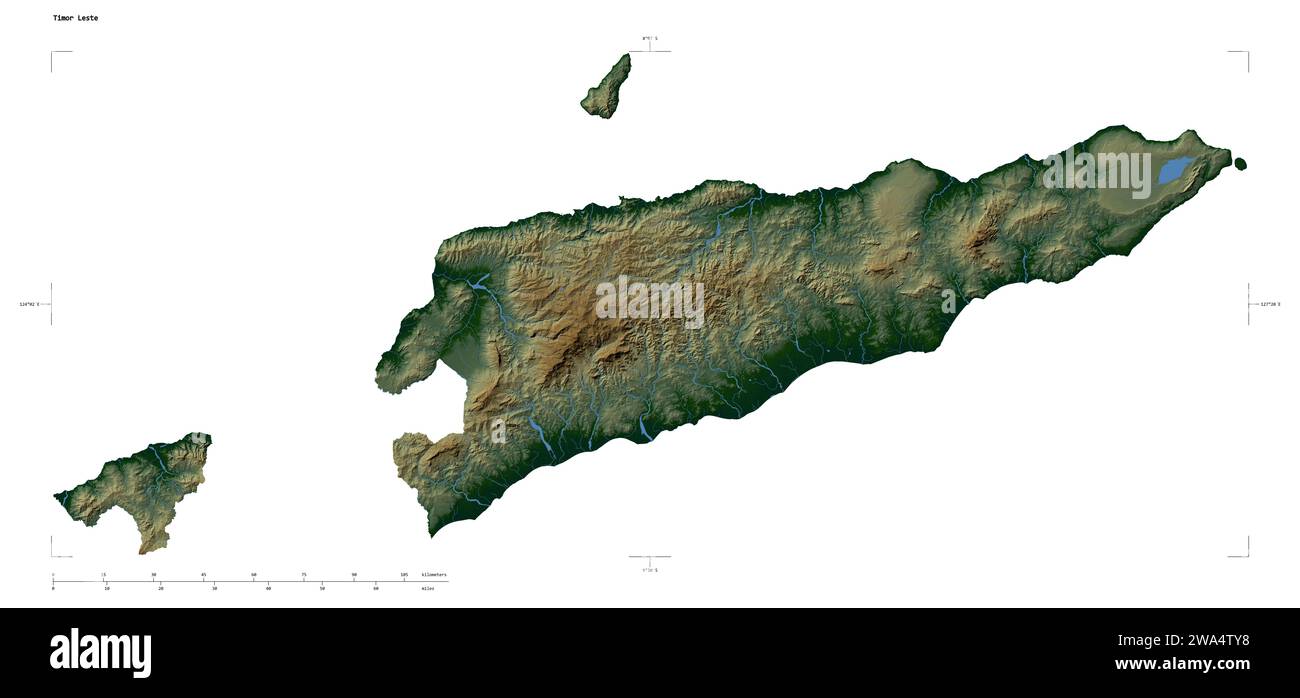 Shape of a Colored elevation map with lakes and rivers of the Timor Leste, with distance scale ...