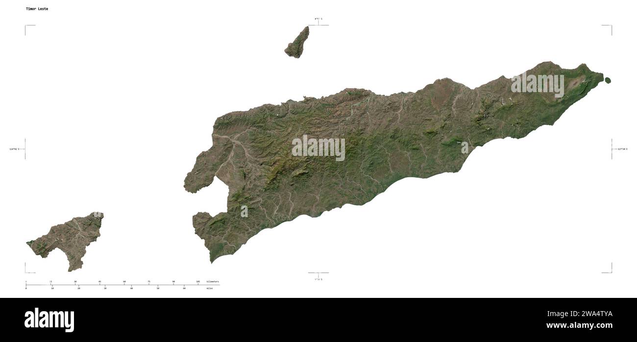Shape of a high resolution satellite map of the Timor Leste, with distance scale and map border ...