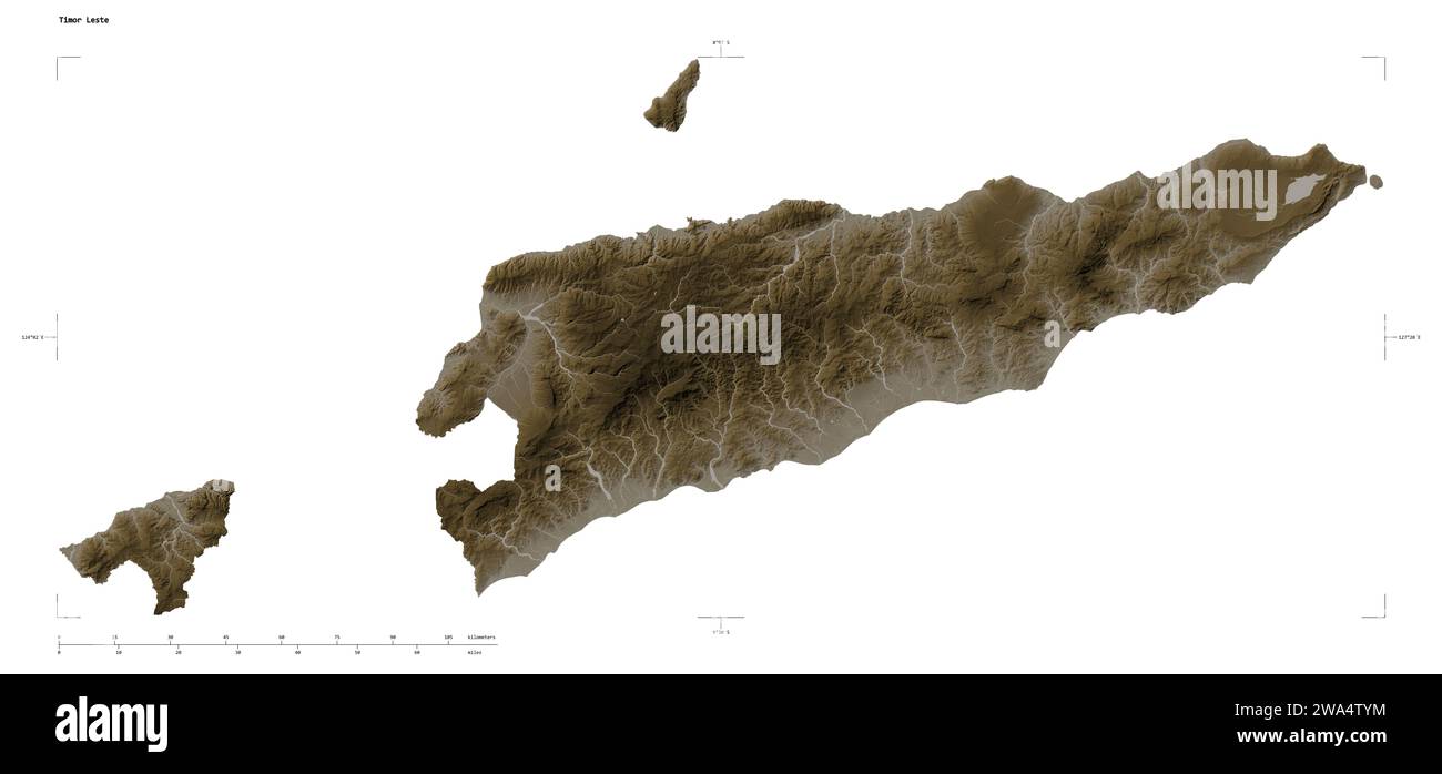 Shape of a elevation map colored in sepia tones with lakes and rivers of the Timor Leste, with ...