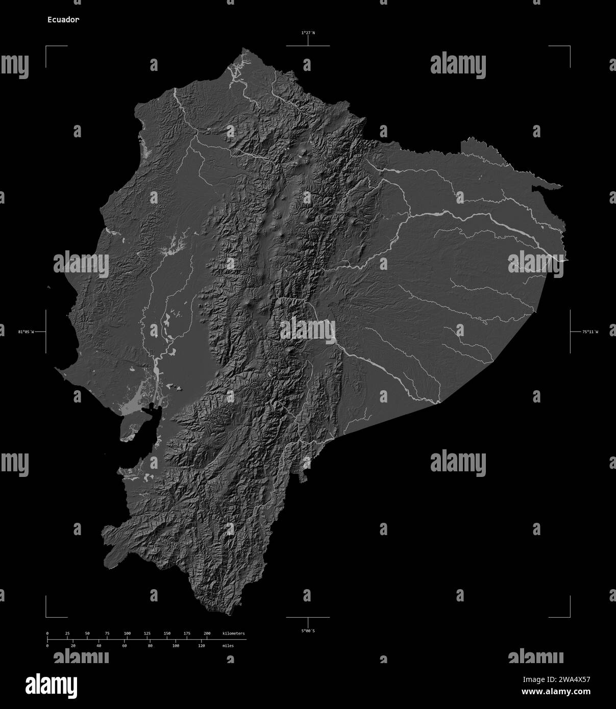 Shape of a Bilevel elevation map with lakes and rivers of the Ecuador ...
