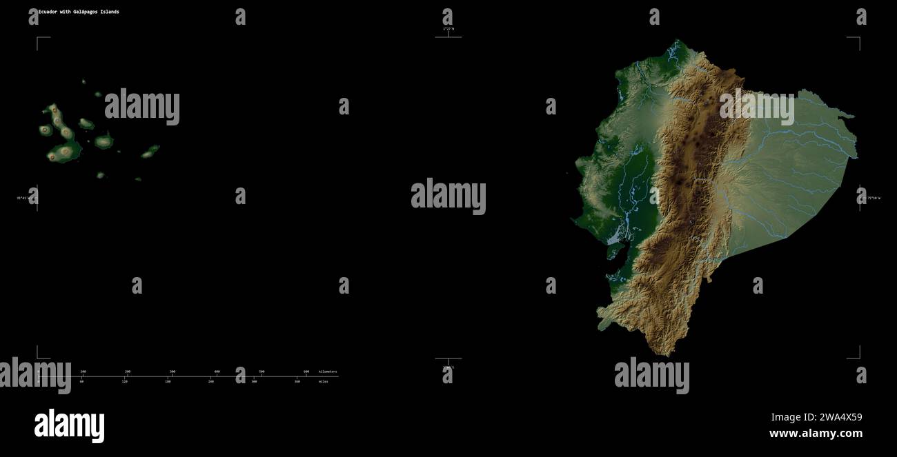 Shape of a Colored elevation map with lakes and rivers of the Ecuador ...