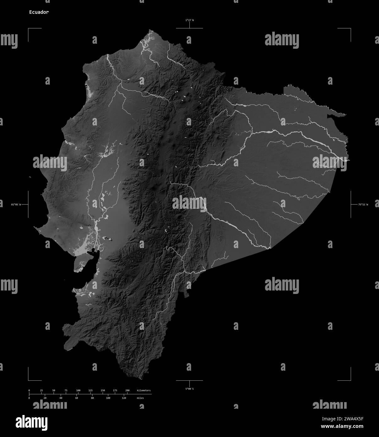 Shape of a Grayscale elevation map with lakes and rivers of the Ecuador ...