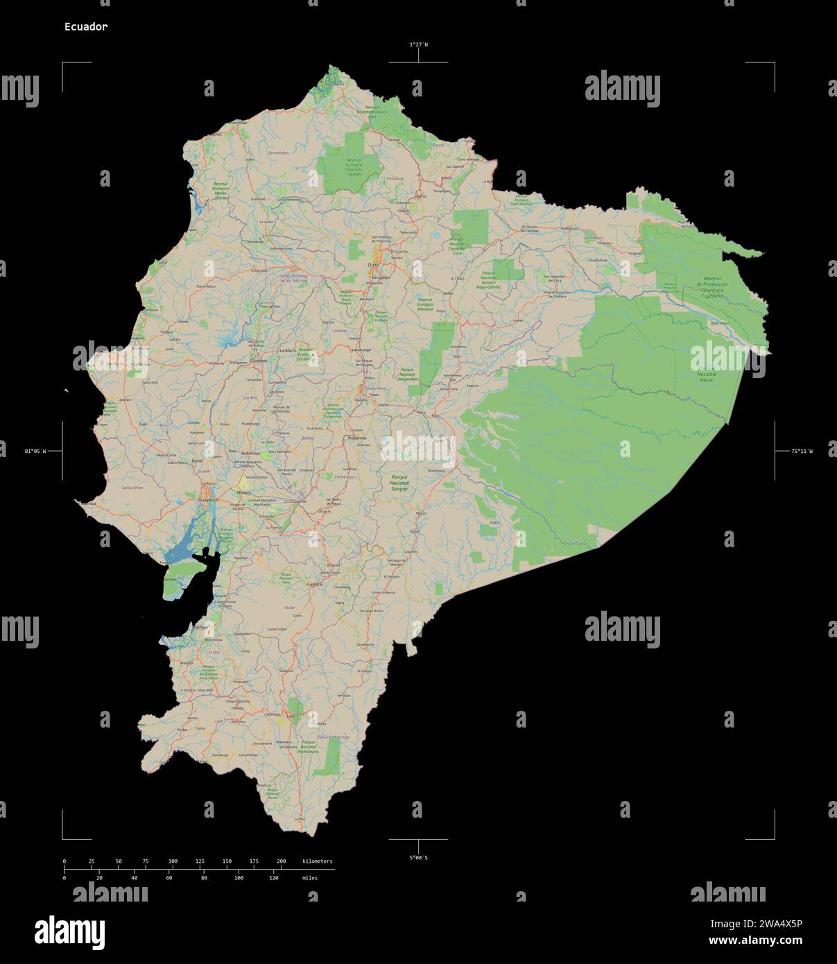 Shape of a topographic, OSM standard style map of the Ecuador, with ...