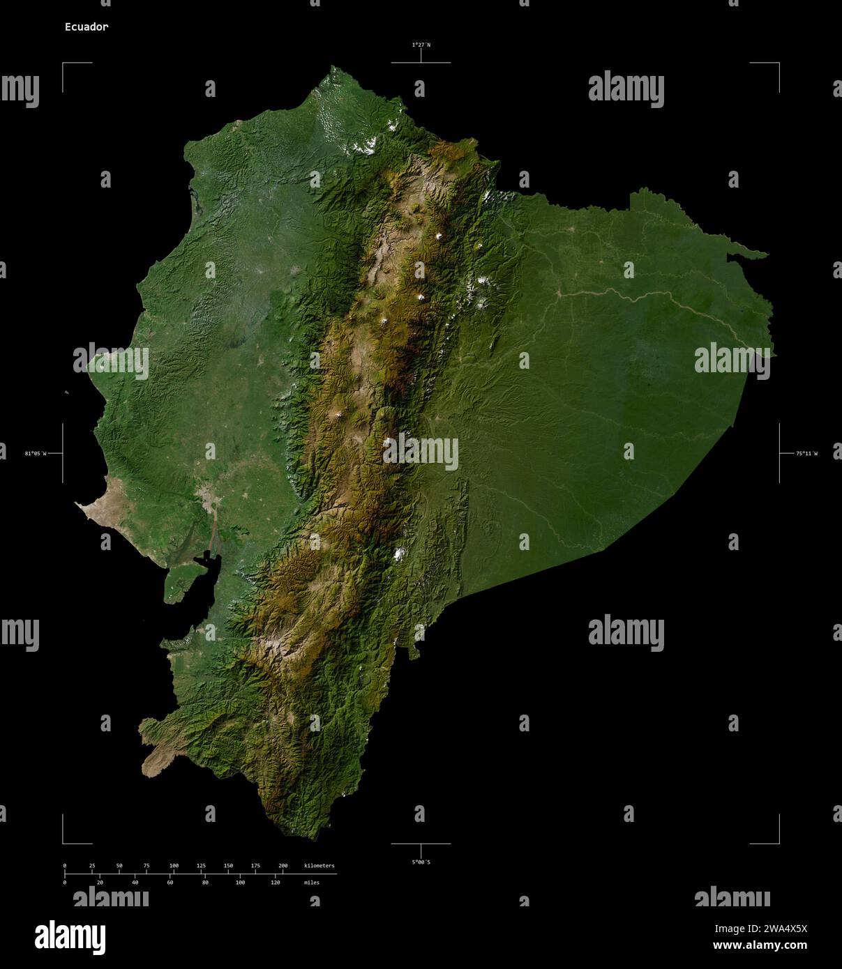 Shape of a low resolution satellite map of the Ecuador, with distance ...