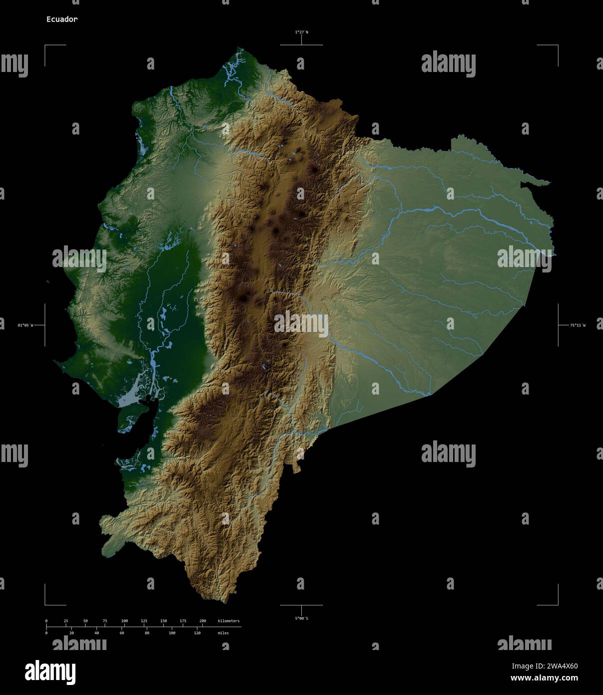 Shape of a Colored elevation map with lakes and rivers of the Ecuador ...