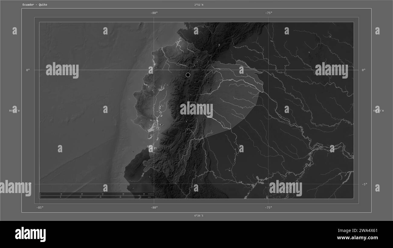 Ecuador highlighted on a Grayscale elevation map with lakes and rivers ...