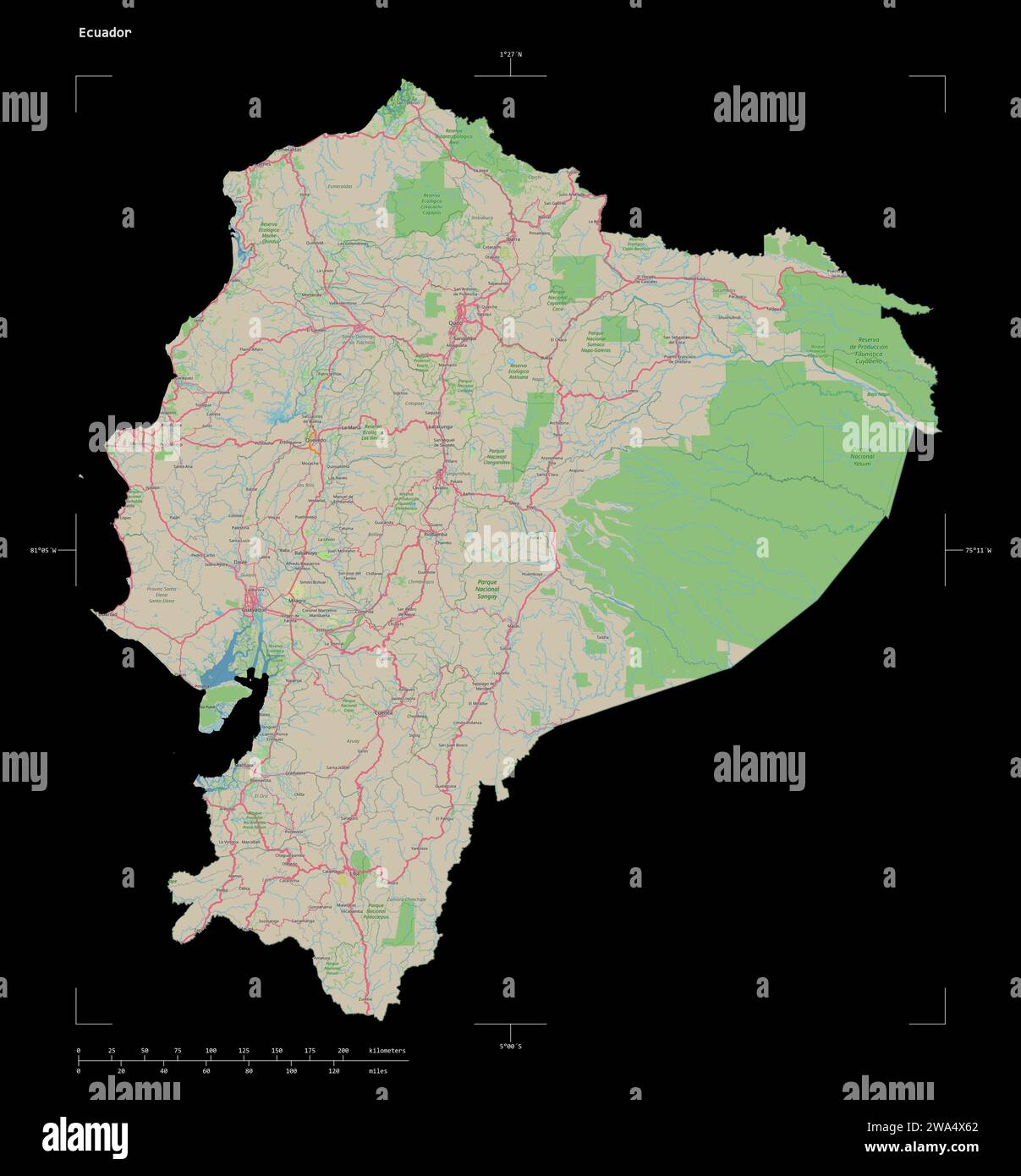 Shape of a topographic, OSM Germany style map of the Ecuador, with ...