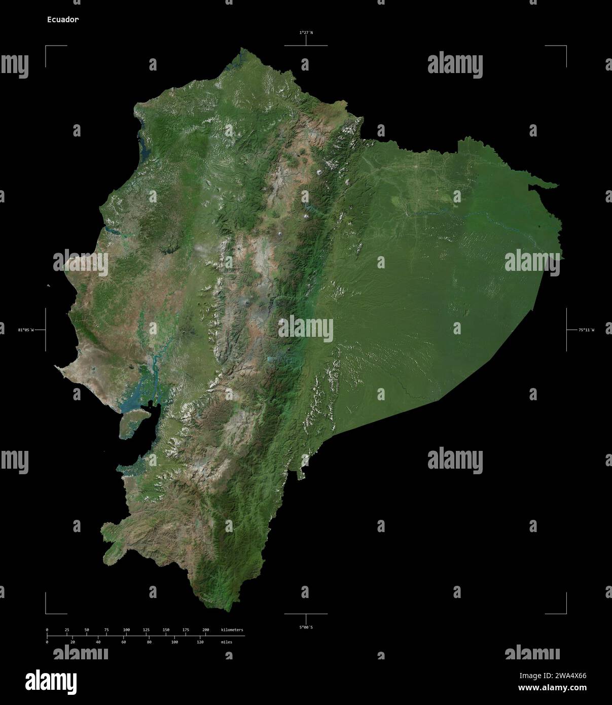 Shape of a high resolution satellite map of the Ecuador, with distance ...