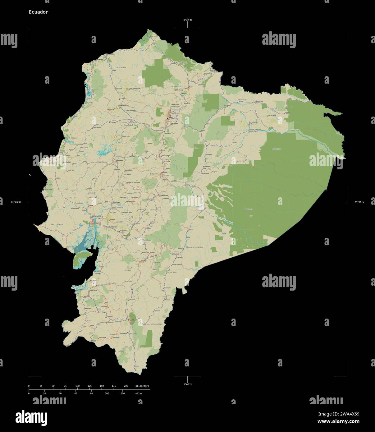 Shape of a topographic, OSM Humanitarian style map of the Ecuador, with ...