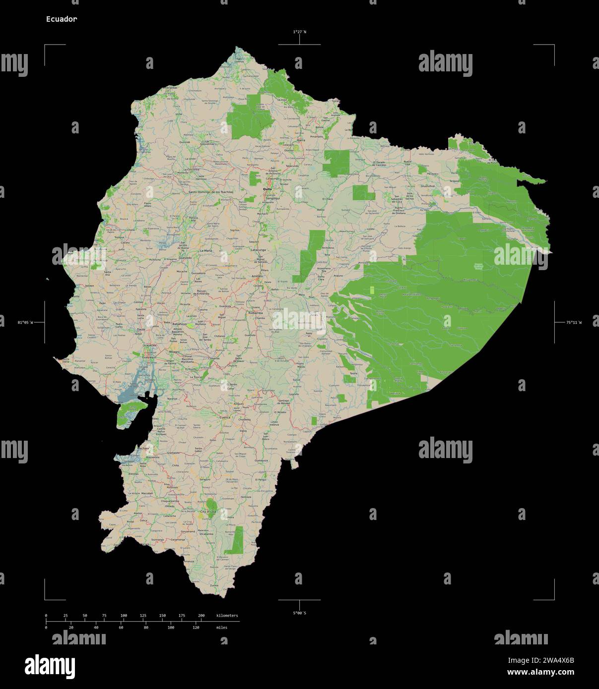 Shape of a topographic, OSM France style map of the Ecuador, with ...