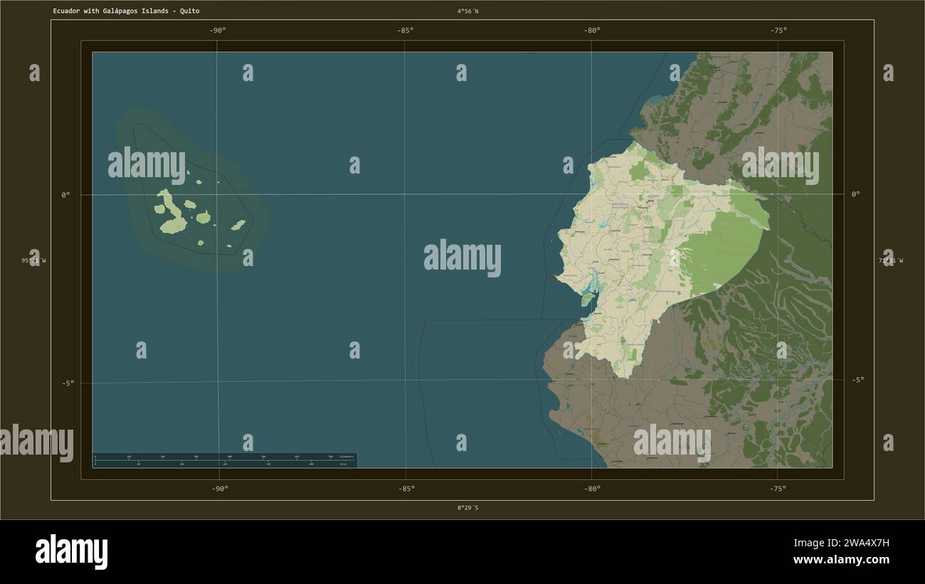 Ecuador with Galapagos Islands highlighted on a topographic, OSM ...