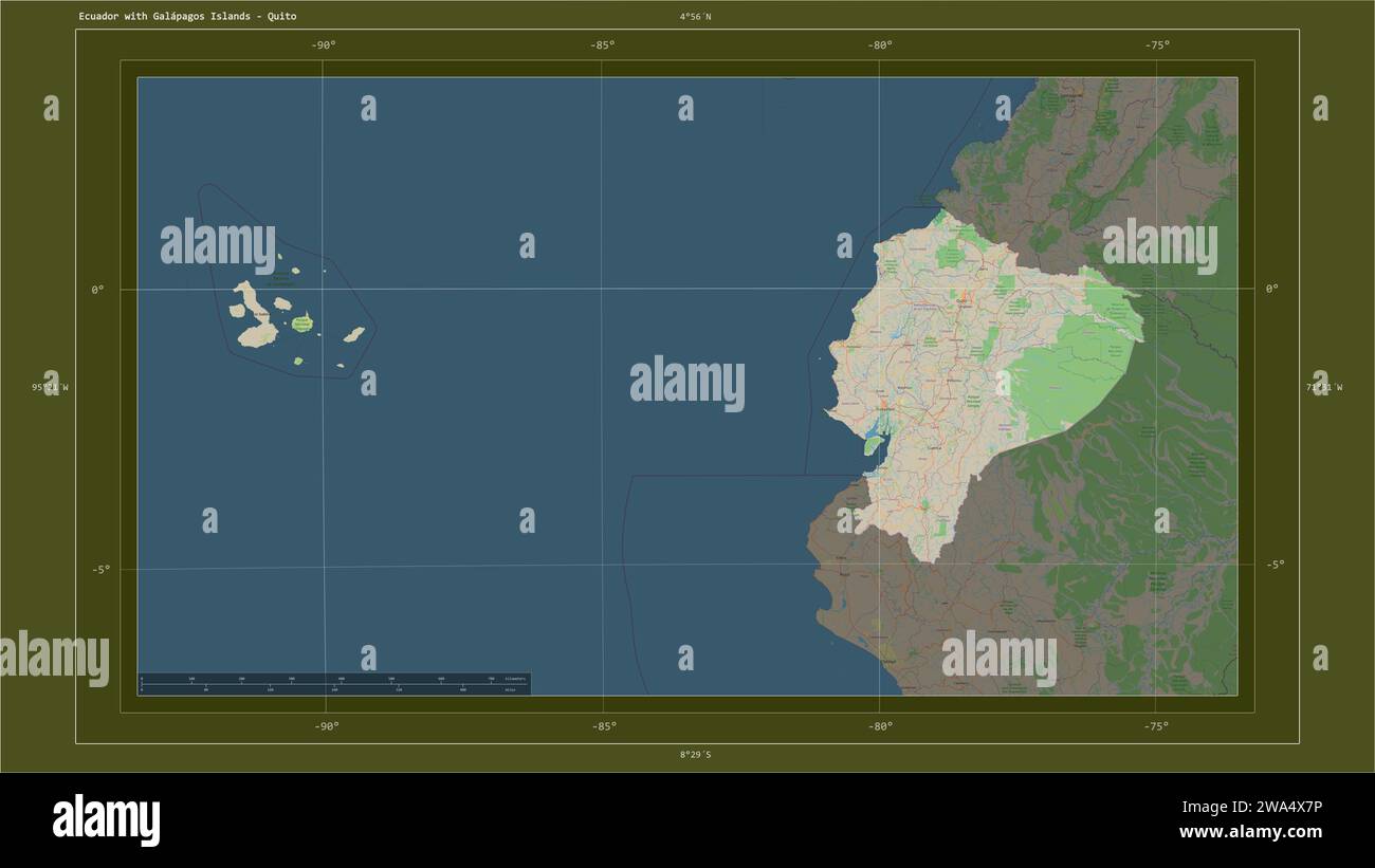 Ecuador with Galapagos Islands highlighted on a topographic, OSM ...
