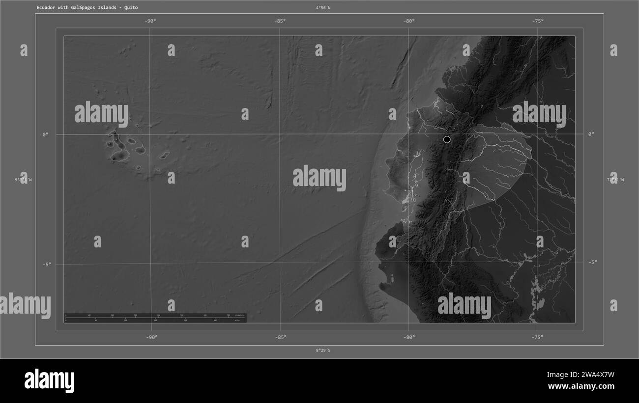 Ecuador with Galapagos Islands highlighted on a Grayscale elevation map ...