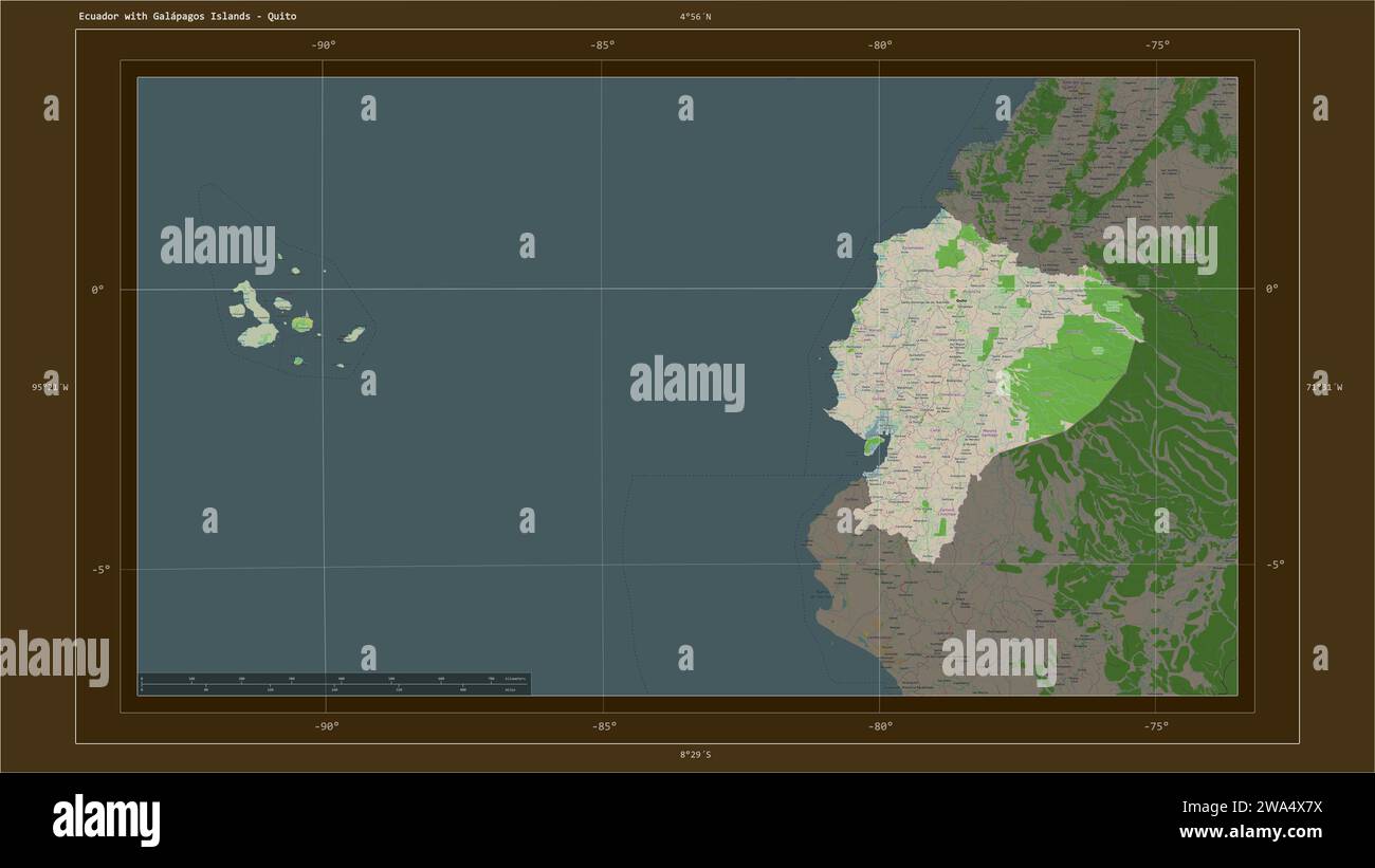 Ecuador with Galapagos Islands highlighted on a topographic, OSM France ...
