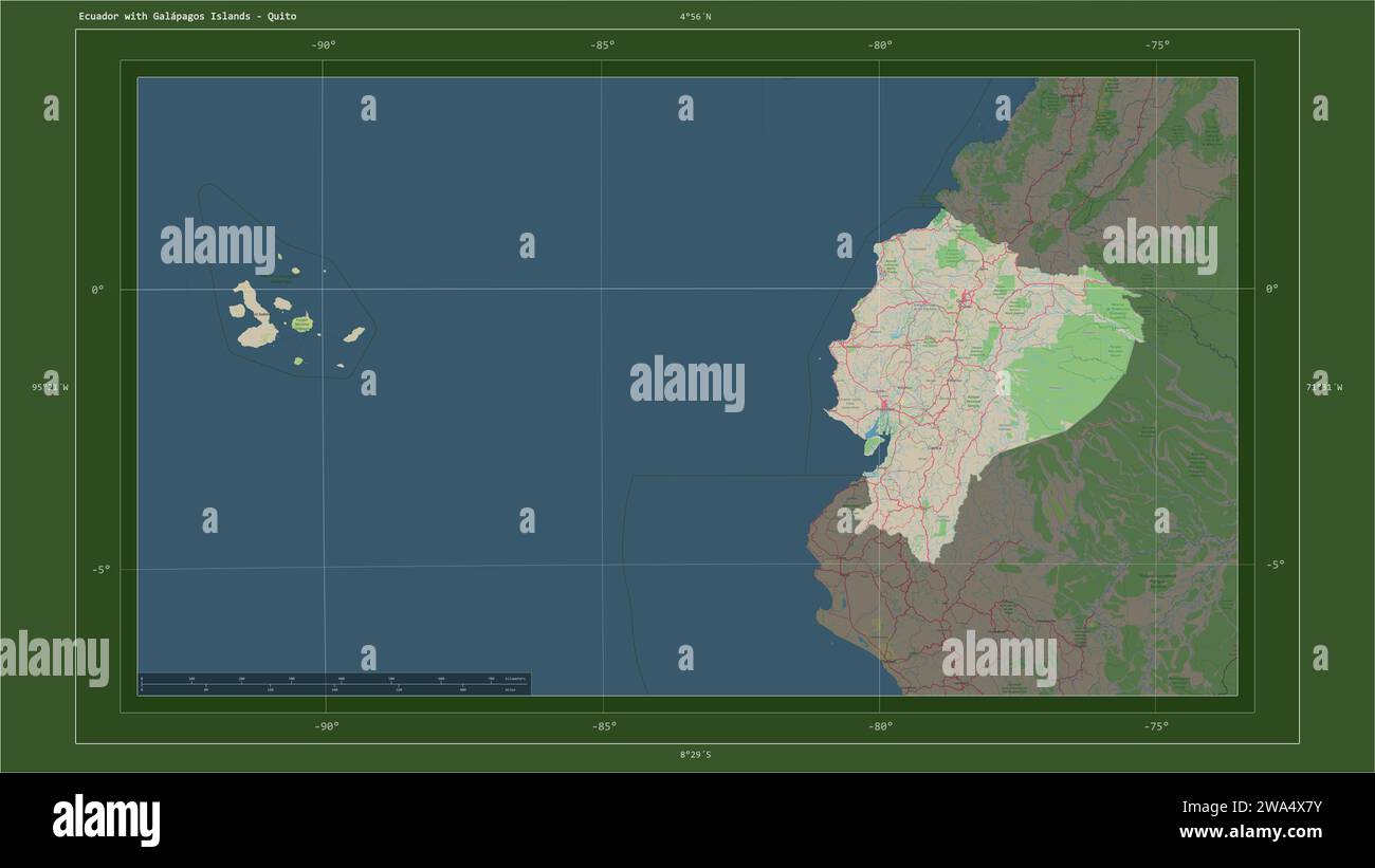 Ecuador with Galapagos Islands highlighted on a topographic, OSM Germany style map map with the ...