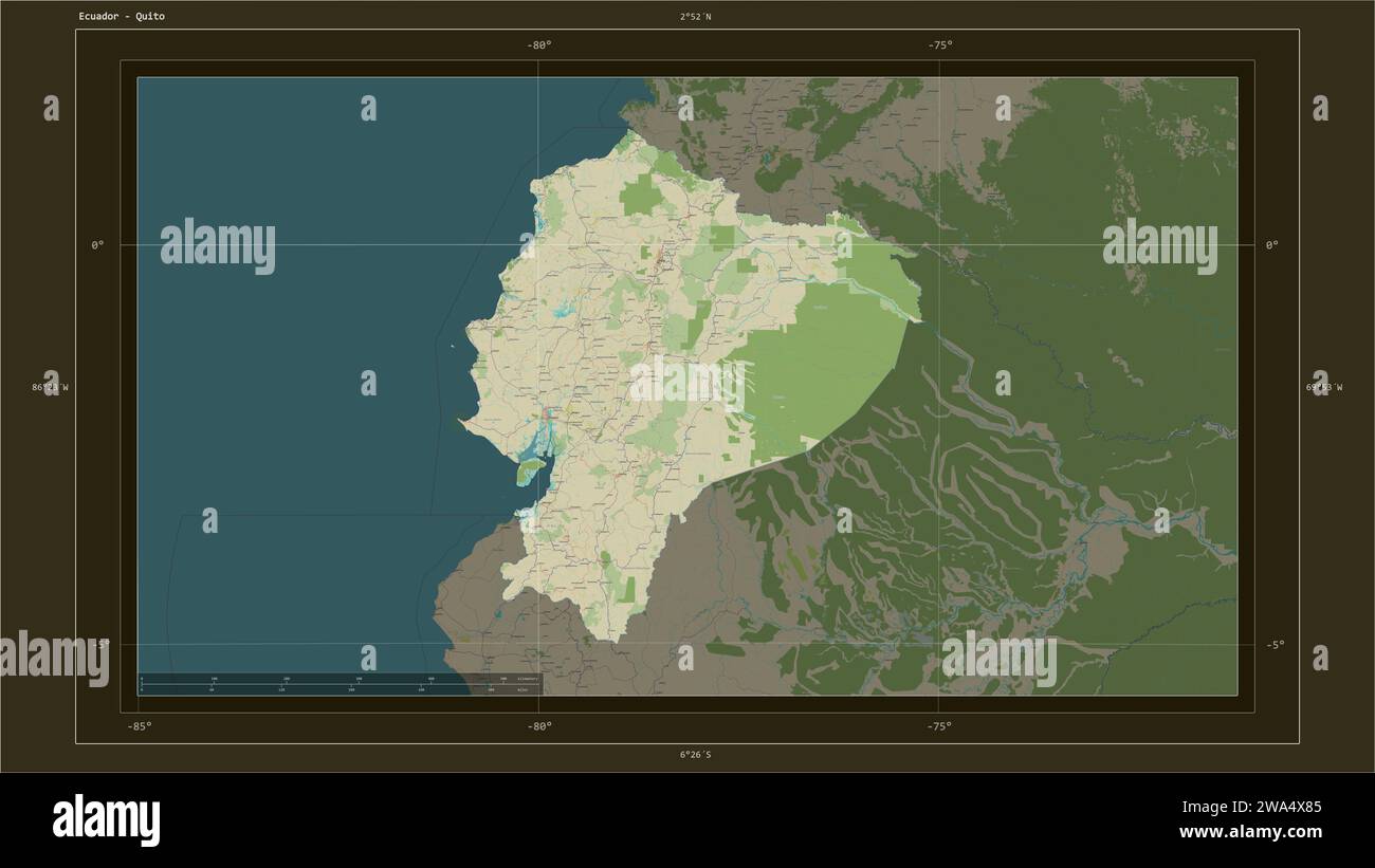 Ecuador highlighted on a topographic, OSM Humanitarian style map map ...