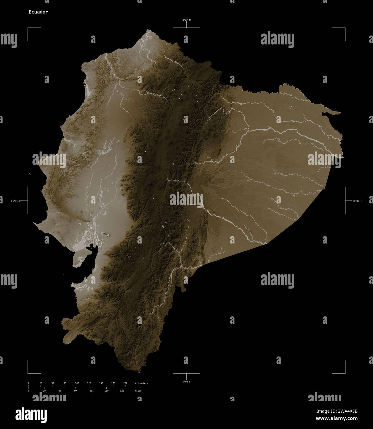 Shape of a elevation map colored in sepia tones with lakes and rivers ...