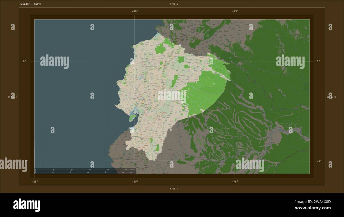 Ecuador highlighted on a topographic, OSM France style map map with the ...