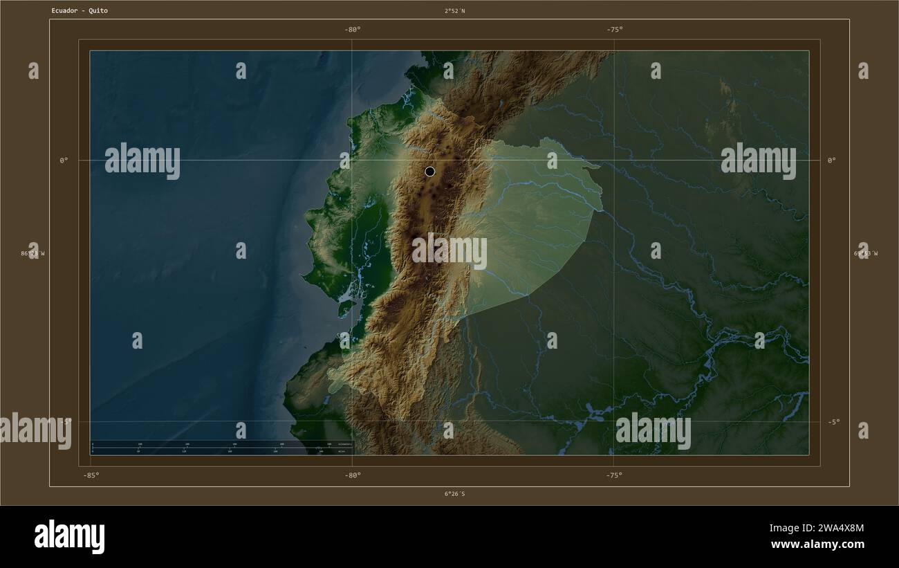 Ecuador highlighted on a Colored elevation map with lakes and rivers ...