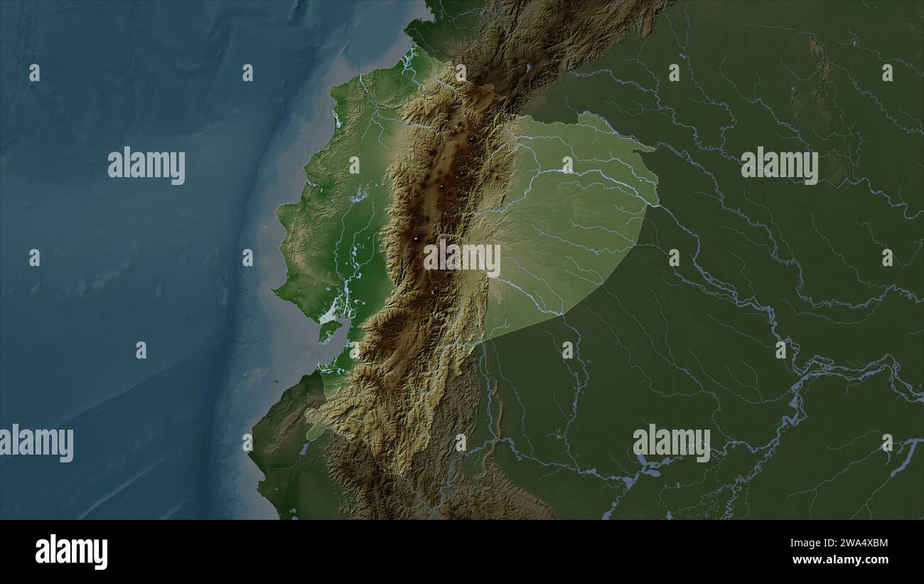 Ecuador highlighted on a Pale colored elevation map with lakes and ...