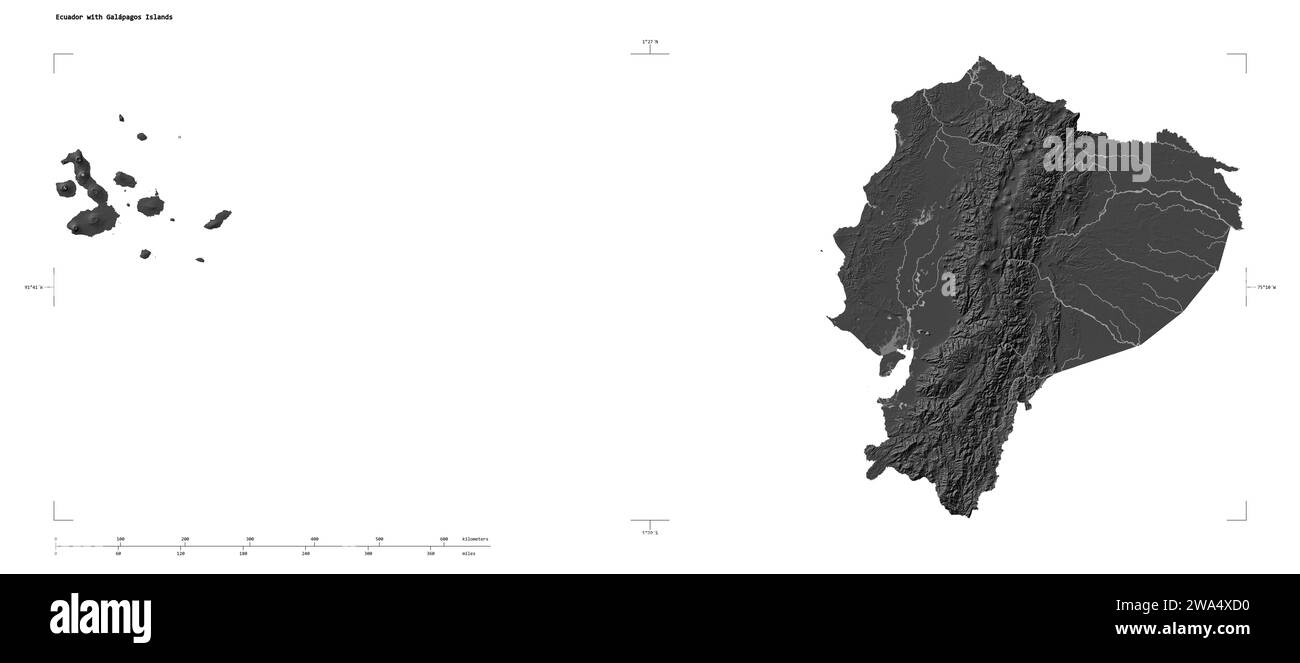 Shape of a Bilevel elevation map with lakes and rivers of the Ecuador ...