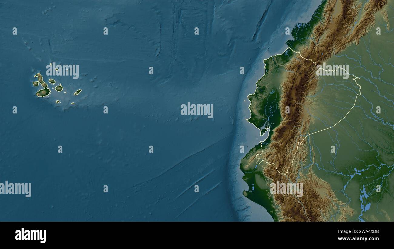 Ecuador with Galapagos Islands outlined on a Colored elevation map with ...