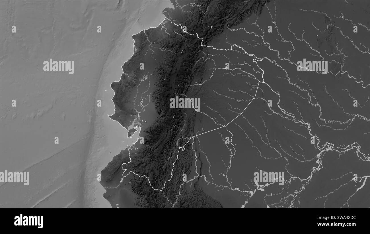 Ecuador outlined on a Grayscale elevation map with lakes and rivers ...