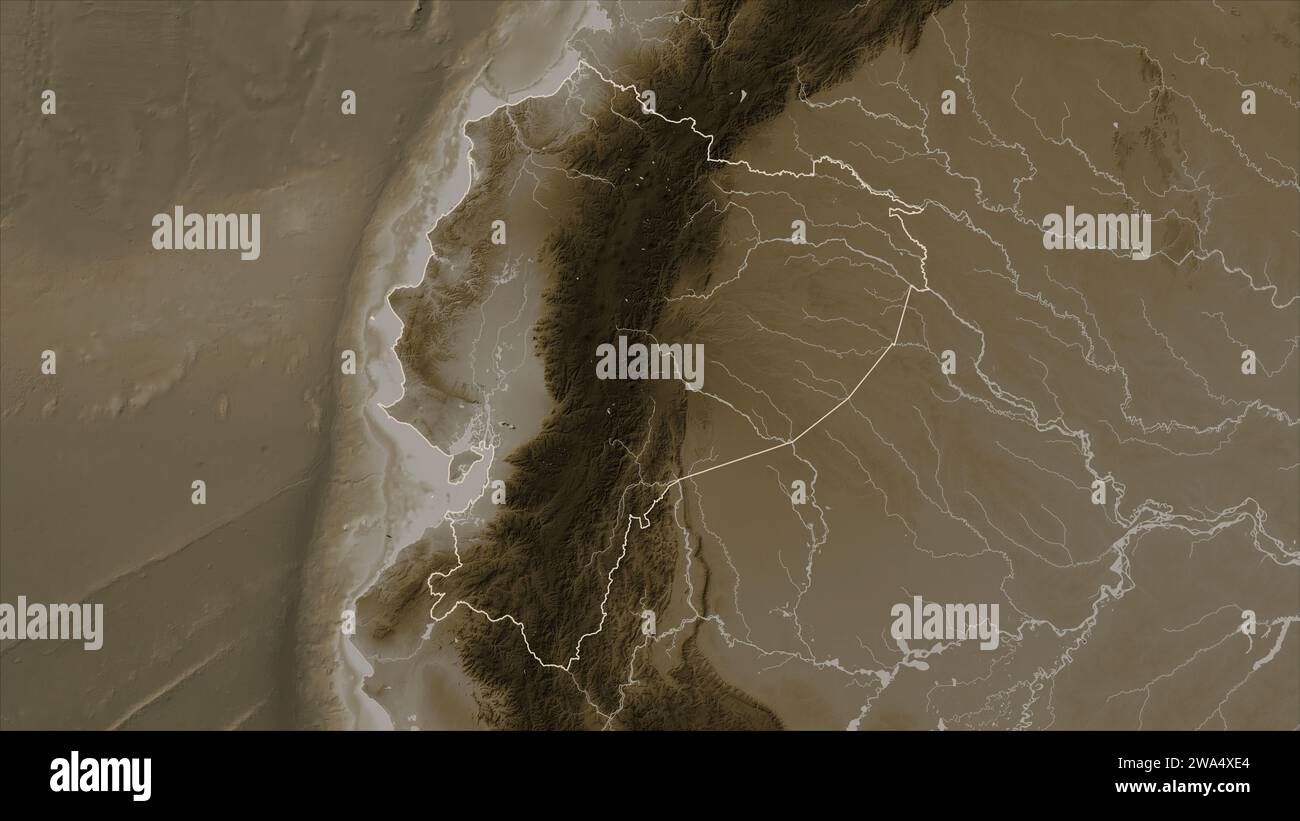 Ecuador outlined on a elevation map colored in sepia tones with lakes ...