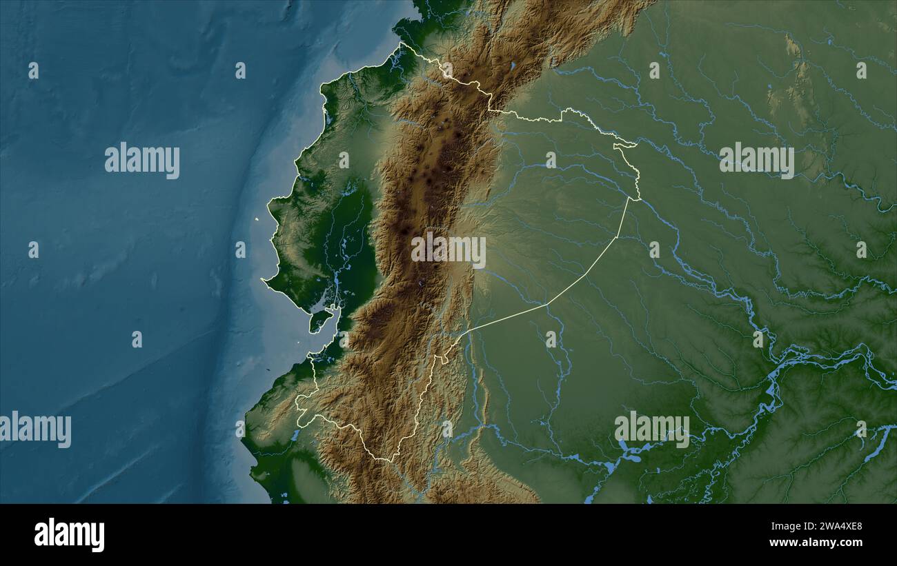 Ecuador outlined on a Colored elevation map with lakes and rivers Stock ...