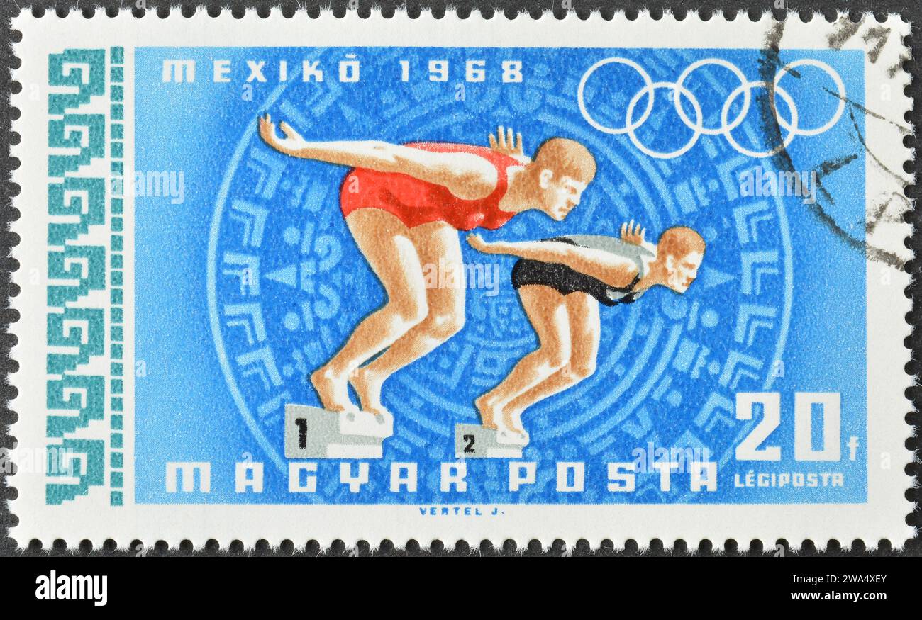 Cancelled postage stamp printed by Hungary, that shows Swimming, Summer ...