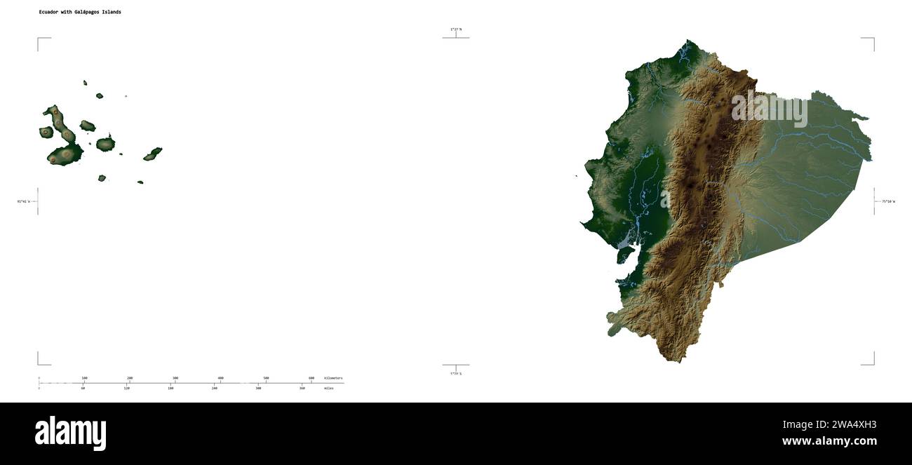Shape of a Colored elevation map with lakes and rivers of the Ecuador ...