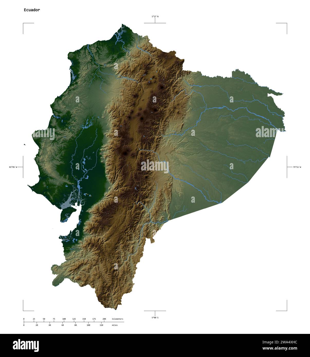 Shape of a Colored elevation map with lakes and rivers of the Ecuador ...