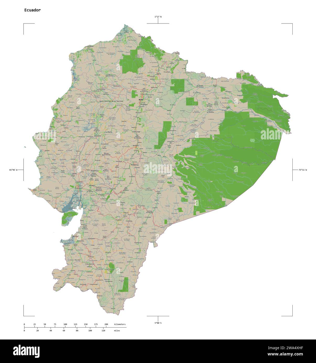 Shape of a topographic, OSM France style map of the Ecuador, with ...