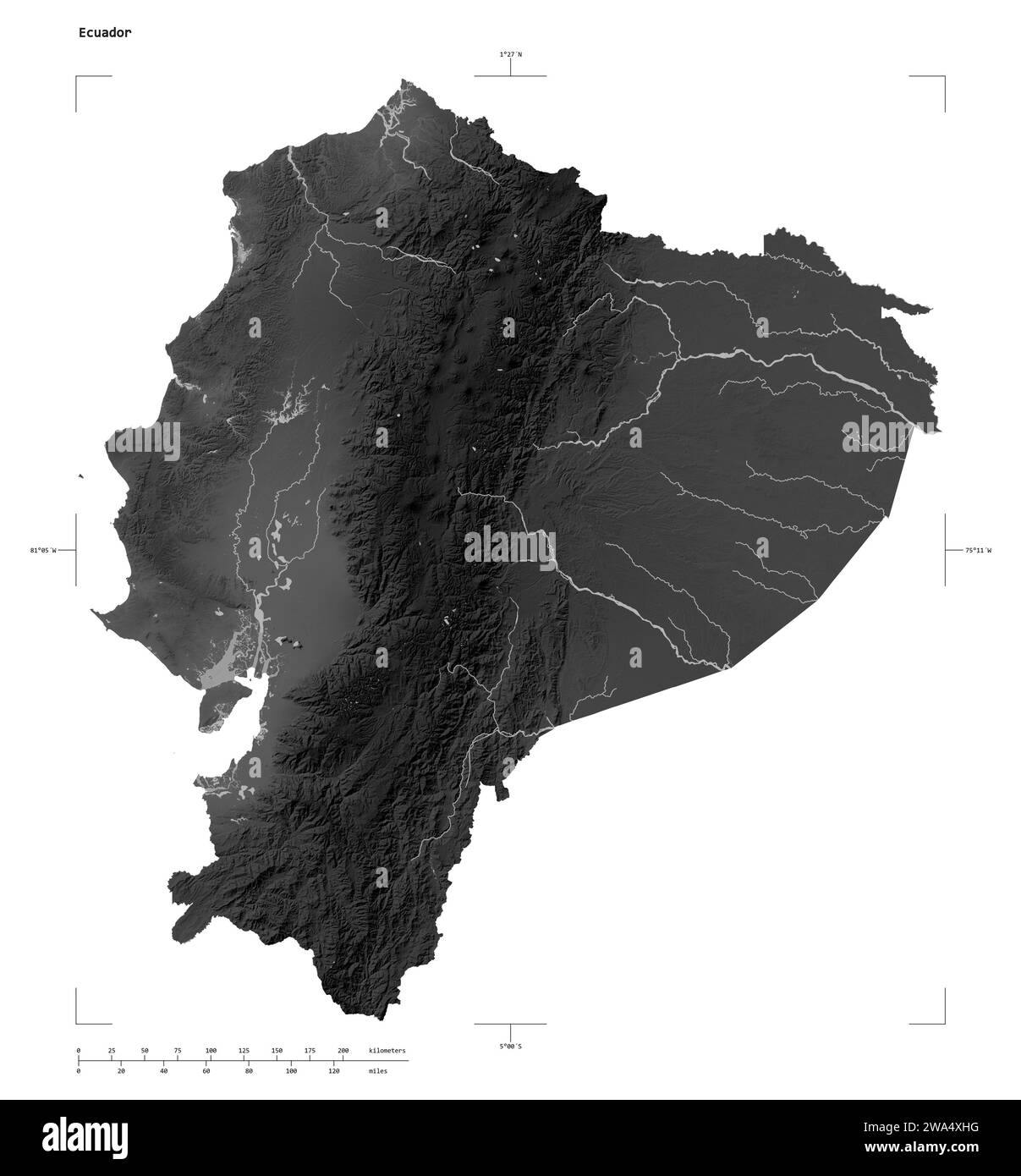 Shape of a Grayscale elevation map with lakes and rivers of the Ecuador, with distance scale and ...