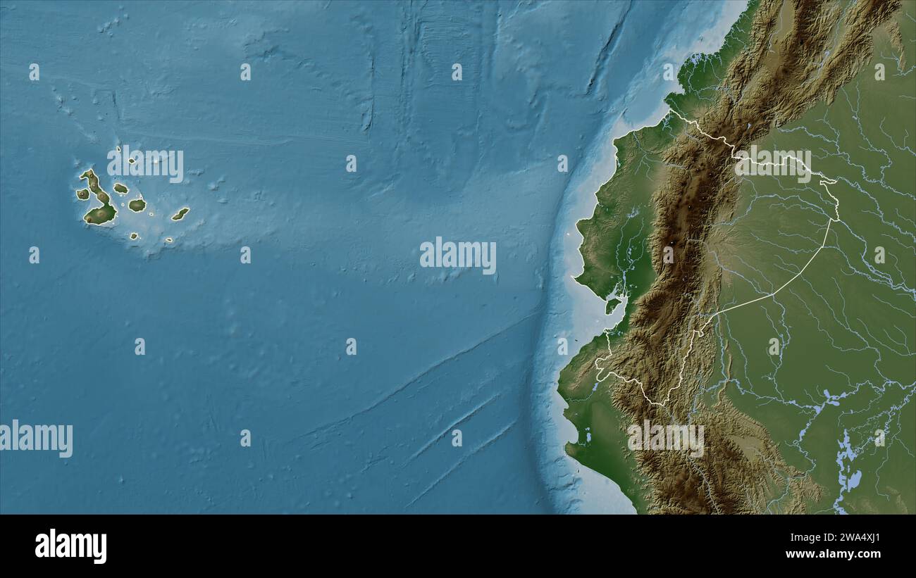 Ecuador with Galapagos Islands outlined on a Pale colored elevation map ...