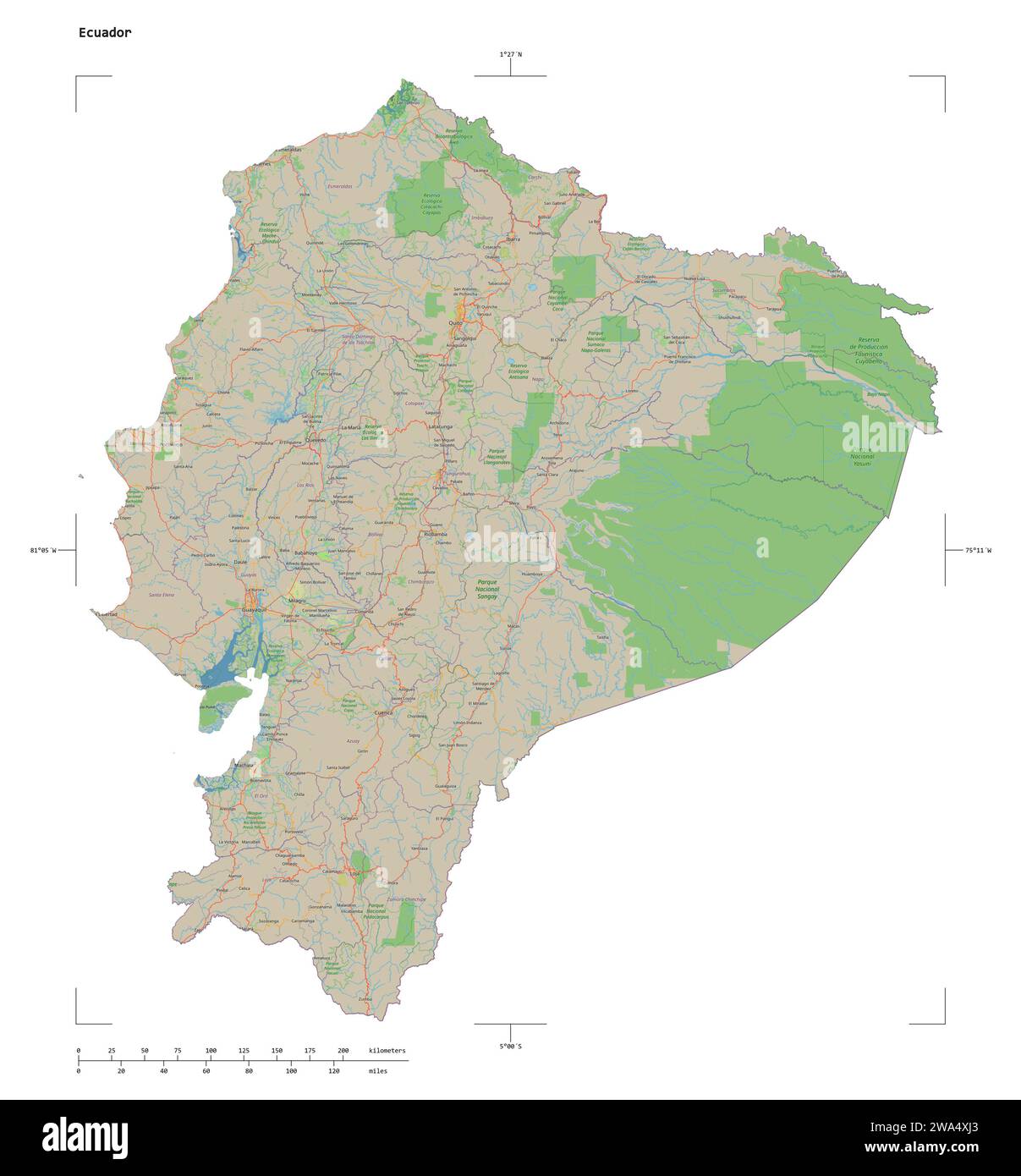 Shape of a topographic, OSM standard style map of the Ecuador, with ...