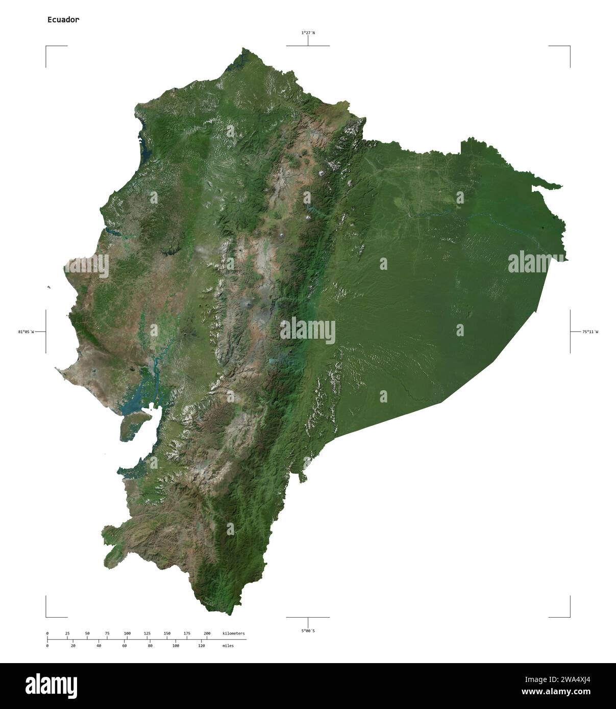 Shape of a high resolution satellite map of the Ecuador, with distance ...