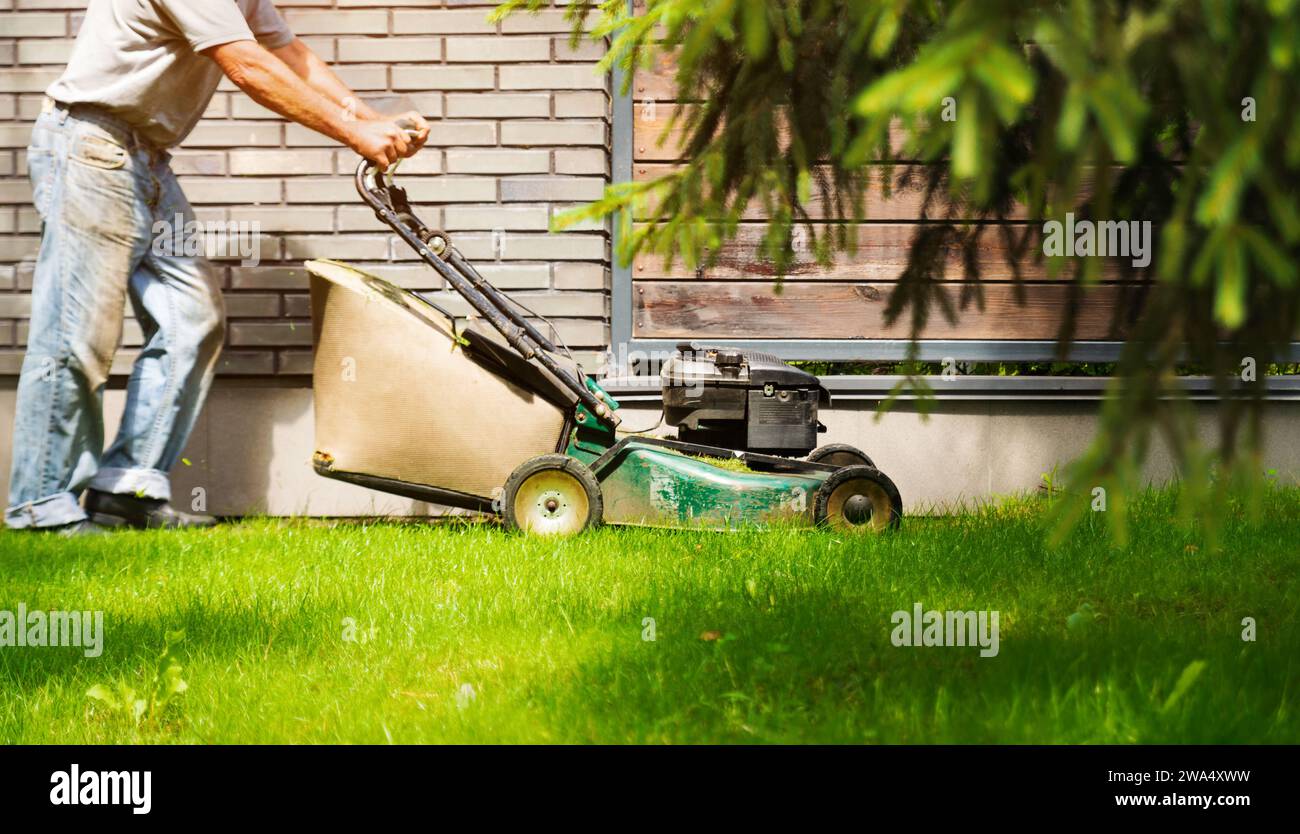 The gardener is pushing the lawn mower around the yard. Lawn care ...