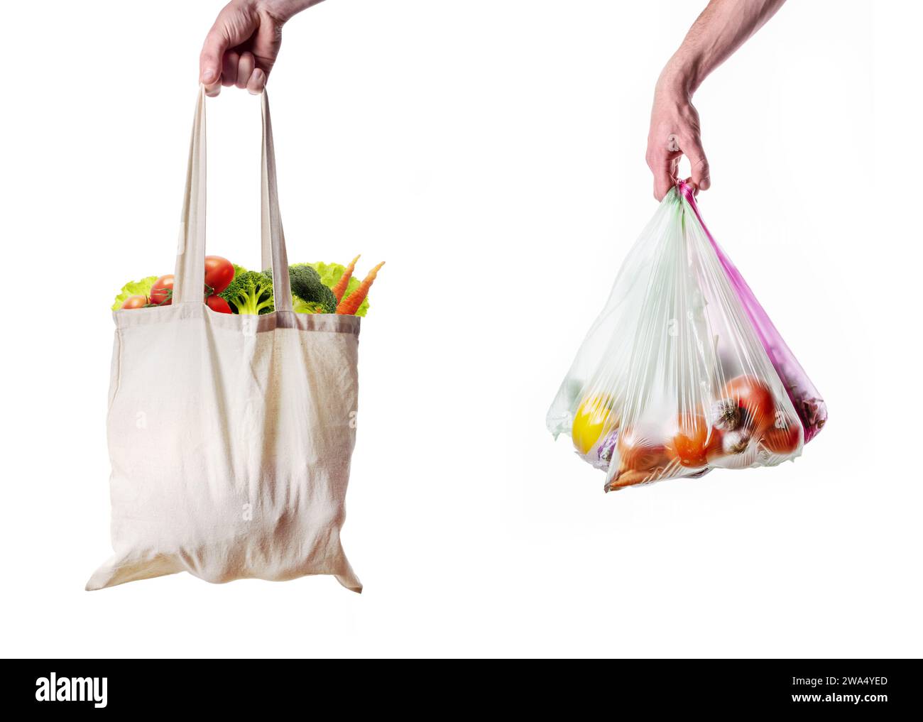 Two hands are holding grocery bags. The concept of choosing between a ...