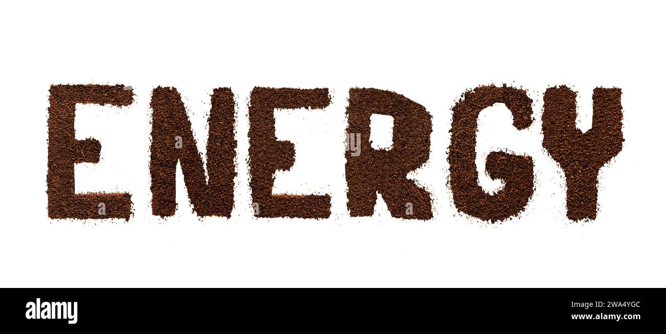 The word Energy written by ground coffee isolated on white background ...