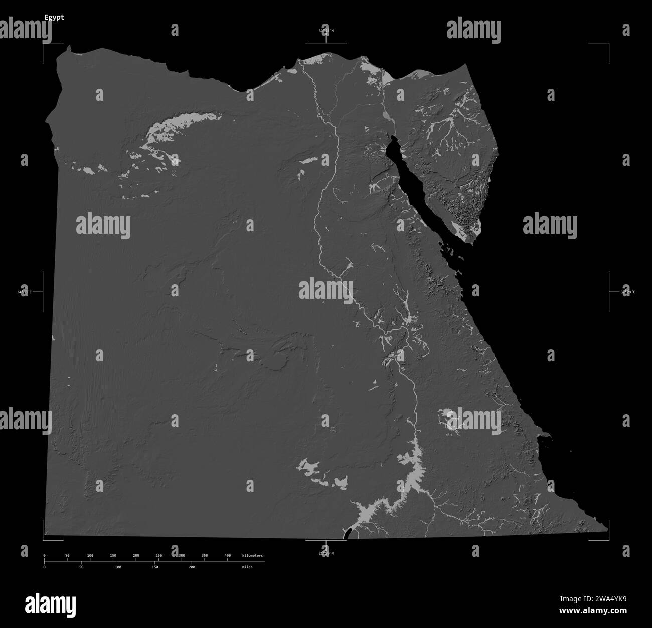 Shape of a Bilevel elevation map with lakes and rivers of the Egypt, with distance scale and map ...