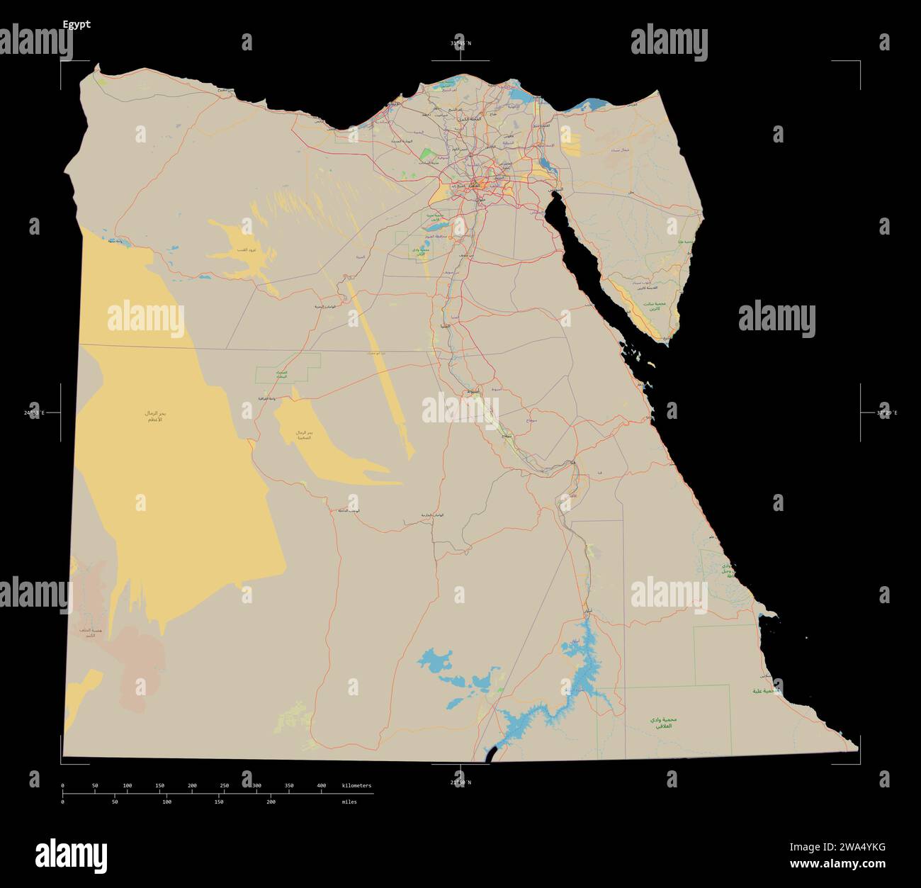 Shape of a topographic, OSM standard style map of the Egypt, with ...