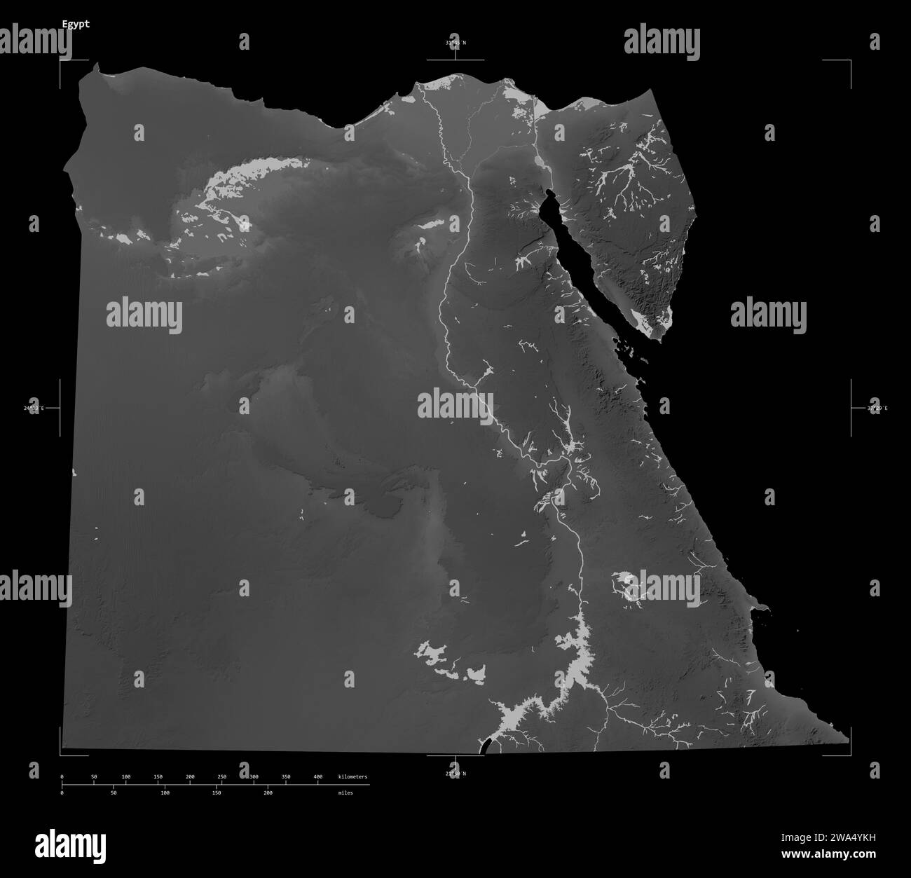 Shape of a Grayscale elevation map with lakes and rivers of the Egypt ...